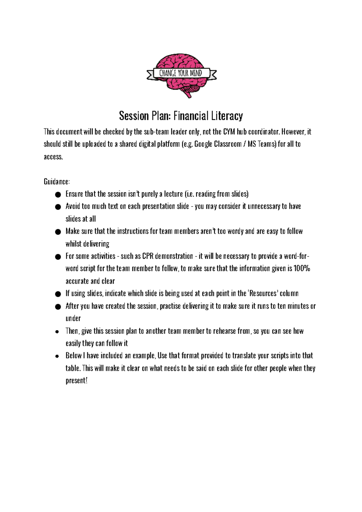 CYM Script - Session Plan - Session Plan: Financial Literacy This ...