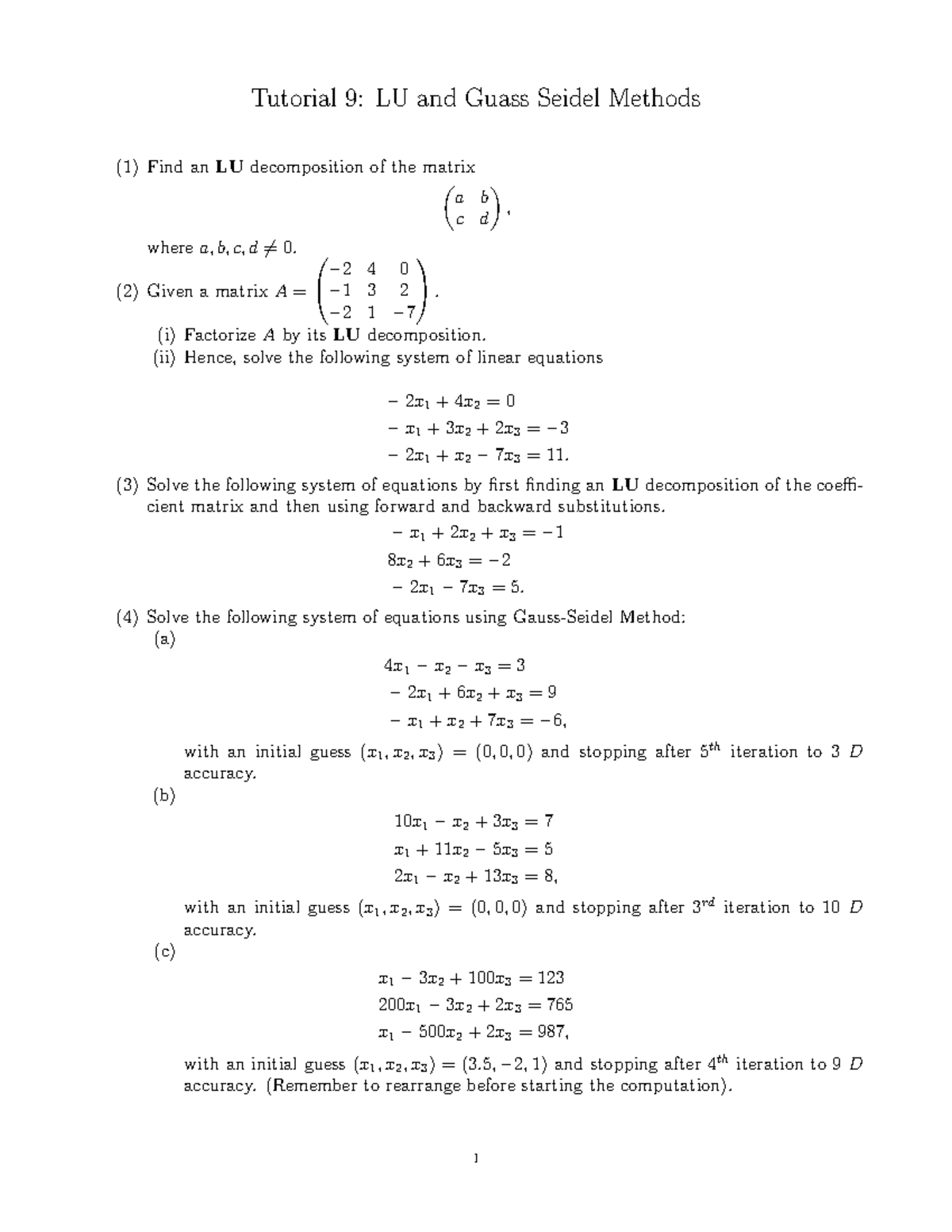 Tutorial #9 LU and Guass Seidel Methods - Tutorial 9: LU and Guass ...