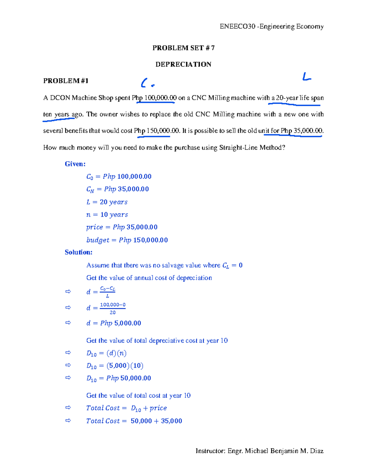 Problem Set 7 with Solution Depreciation - BS Electrical Engineering ...