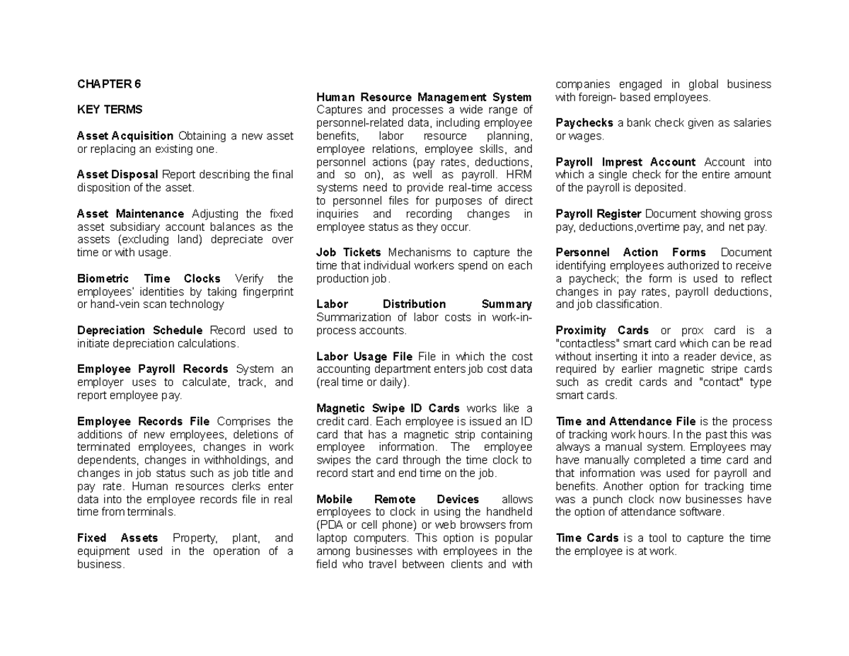 Chapter 6 AIS Review and Discussion - CHAPTER 6 KEY TERMS Asset Acquisition Obtaining a new ...