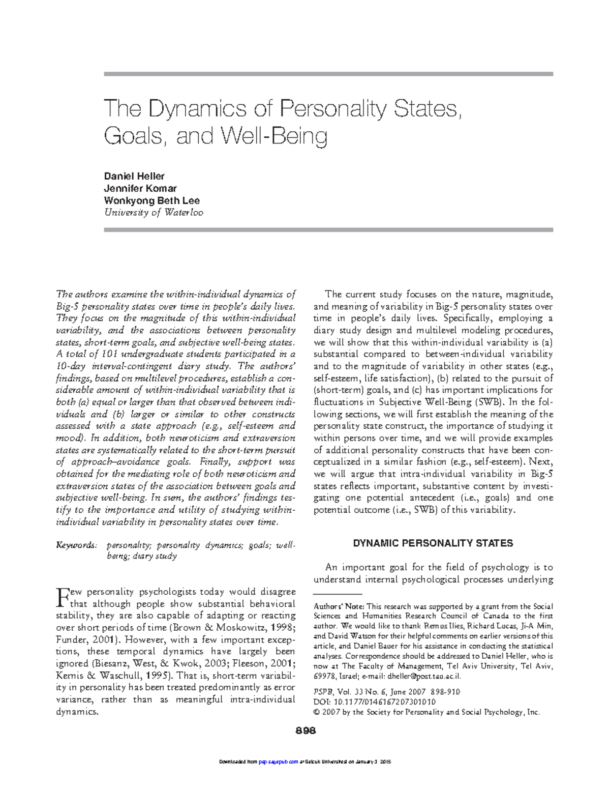 Personality as a state - 898 The Dynamics of Personality States, Goals ...