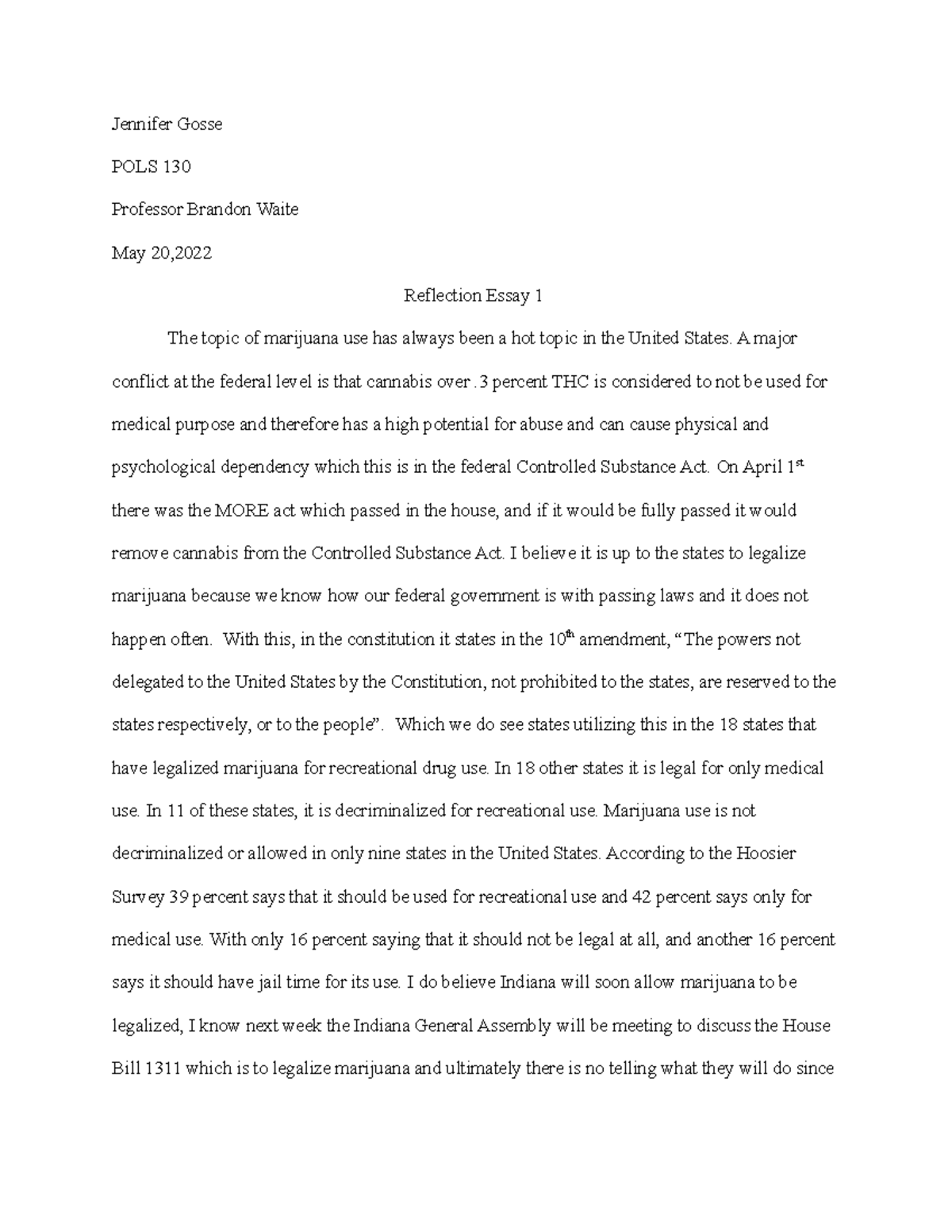 Reflective Essay 1 - Brandon Waite - Jennifer Gosse POLS 130 Professor ...