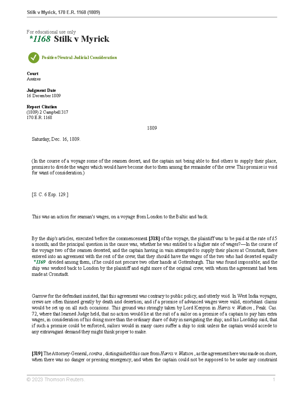Stilk v Myrick case report - Stilk v Myrick, 170 E. 1168 (1809) © 2023 ...
