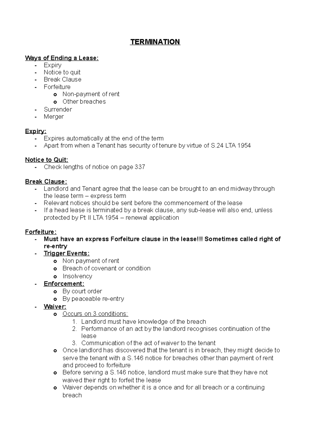 6 - Termination - TERMINATION Ways of Ending a Lease: - Expiry - Notice ...