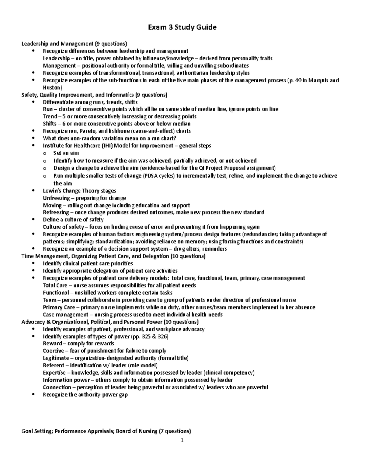 Exam 3 Study Guide - Exam 3 Study Guide Leadership and Management (9 ...