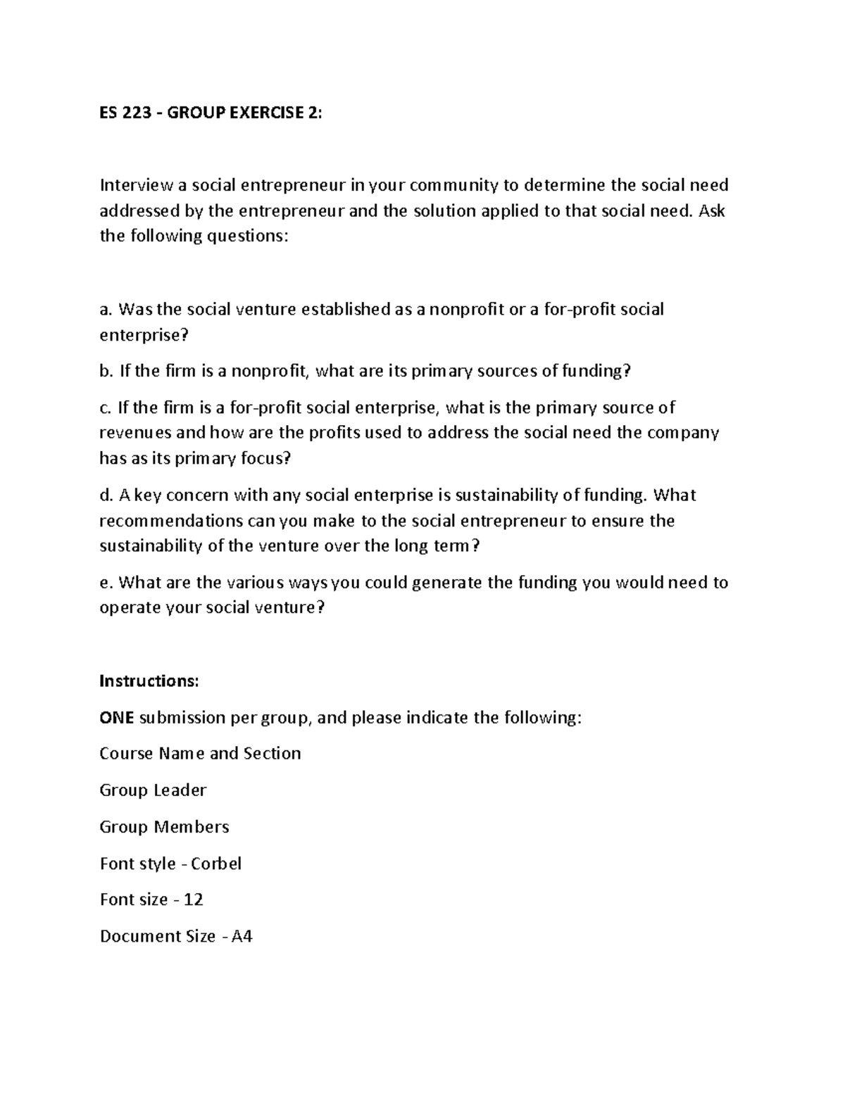 Group Exercise 2 - .arasd - ES 223 - GROUP EXERCISE 2: Interview a social entrepreneur in your ...