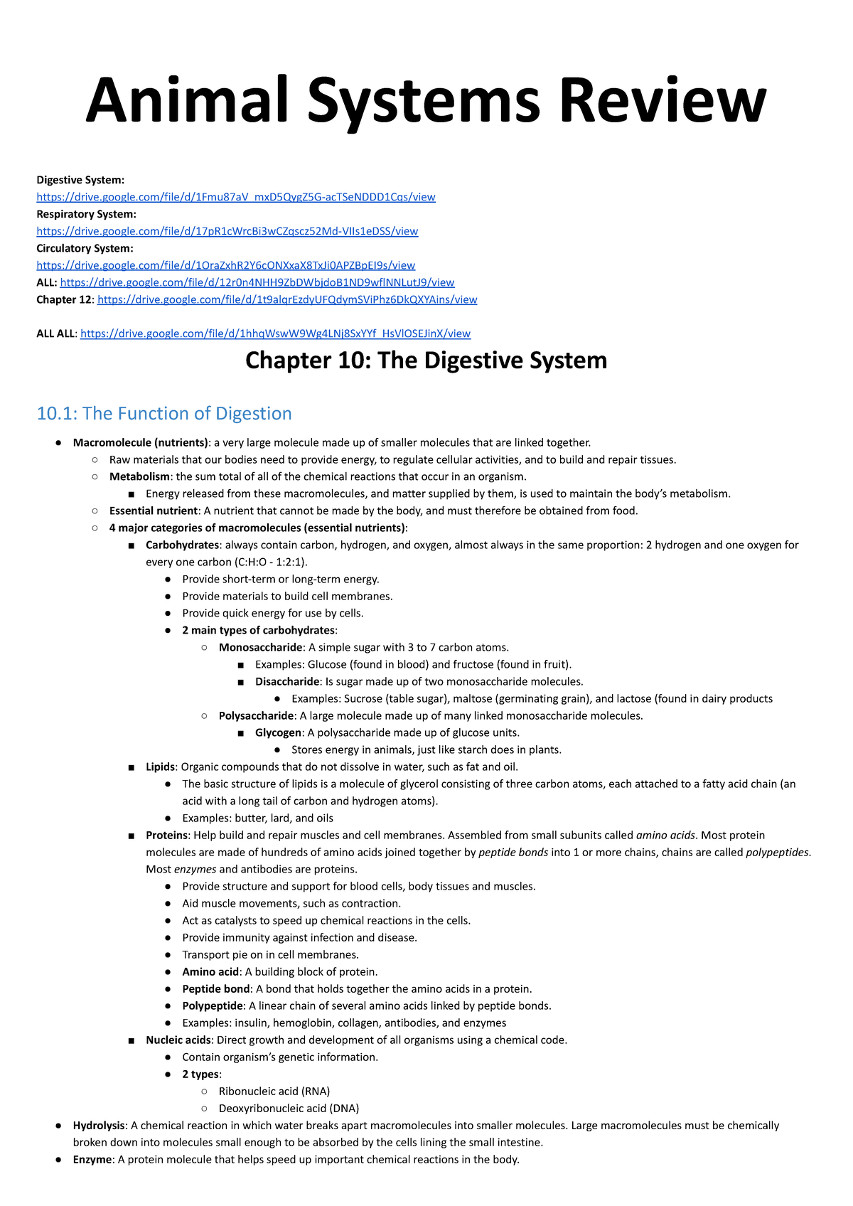 Animal Systems Review - Animal Systems Review Digestive System: - Studocu