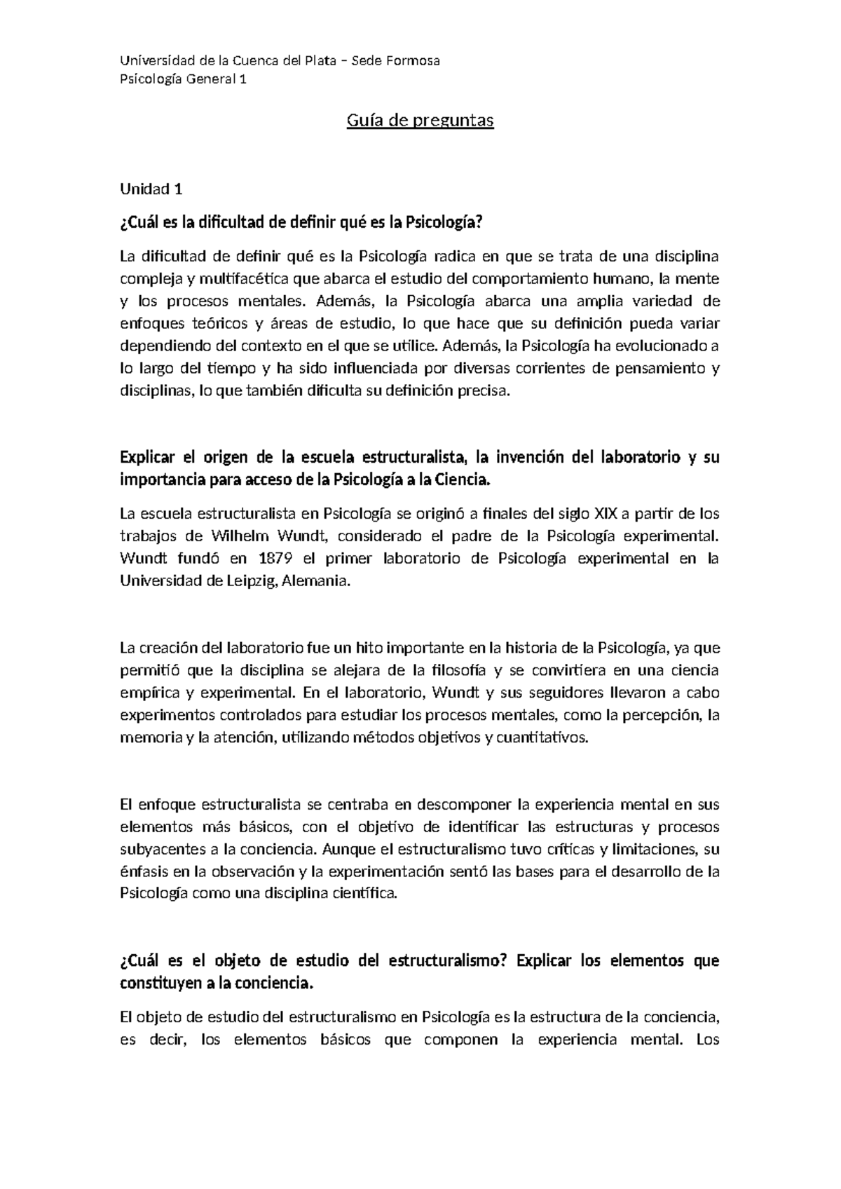 Gu Ã­a de preguntas para el parcial 2023 2 - Psicología General 1 Guía de preguntas Unidad 1 ...