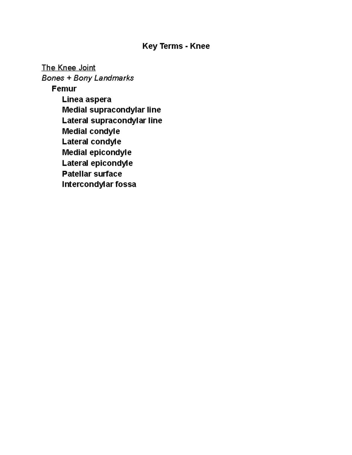 12) Key Terms - Knee - Key Terms - Knee The Knee Joint Bones + Bony ...