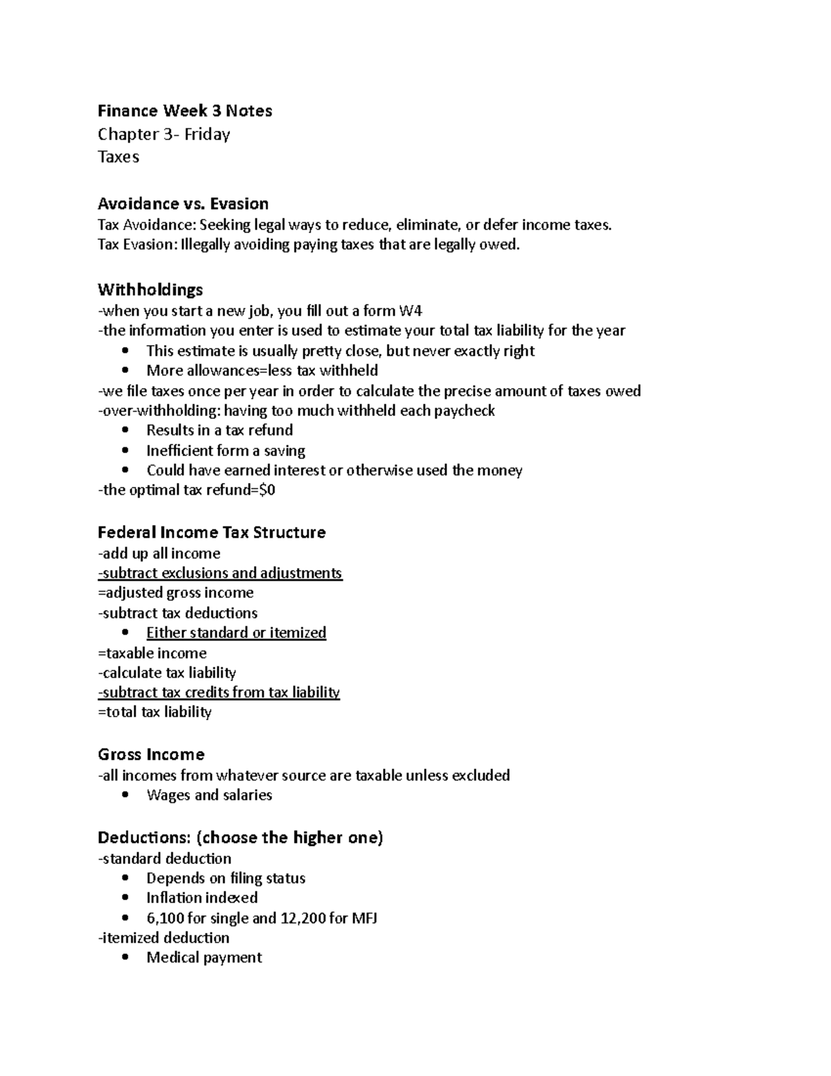 Finance Week 3 Notes - Finance Week 3 Notes Chapter 3- Friday Taxes ...
