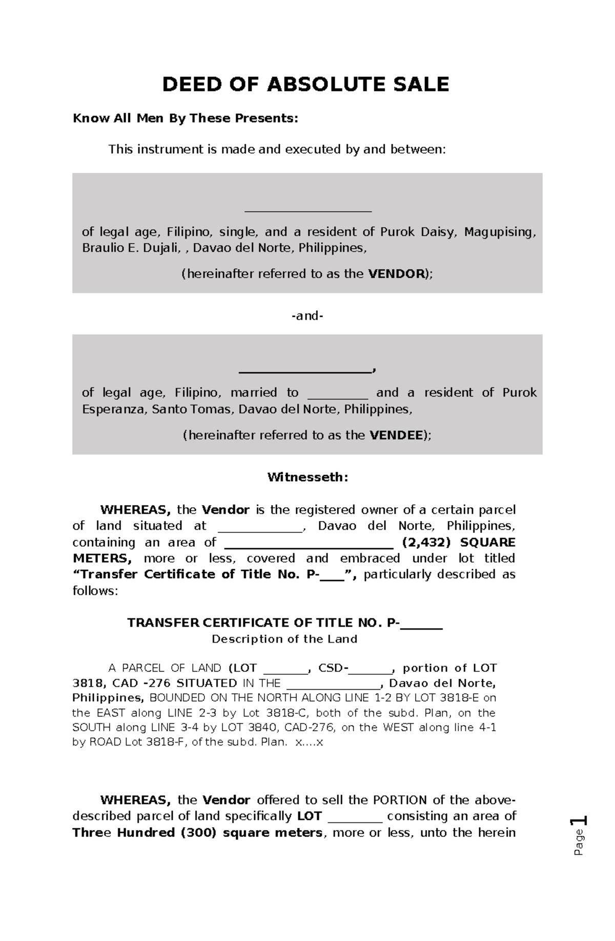 Sample DEED OF Absolute SALE OF A Portion OF LAND - Page 1 DEED OF ABSOLUTE SALE Know All Men By ...
