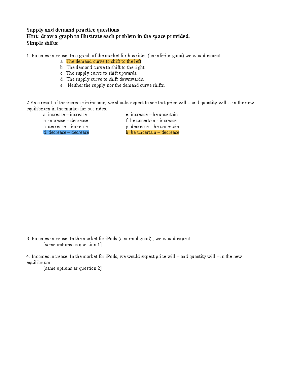 Practice Microeconomics - Supply and demand practice questions Hint ...