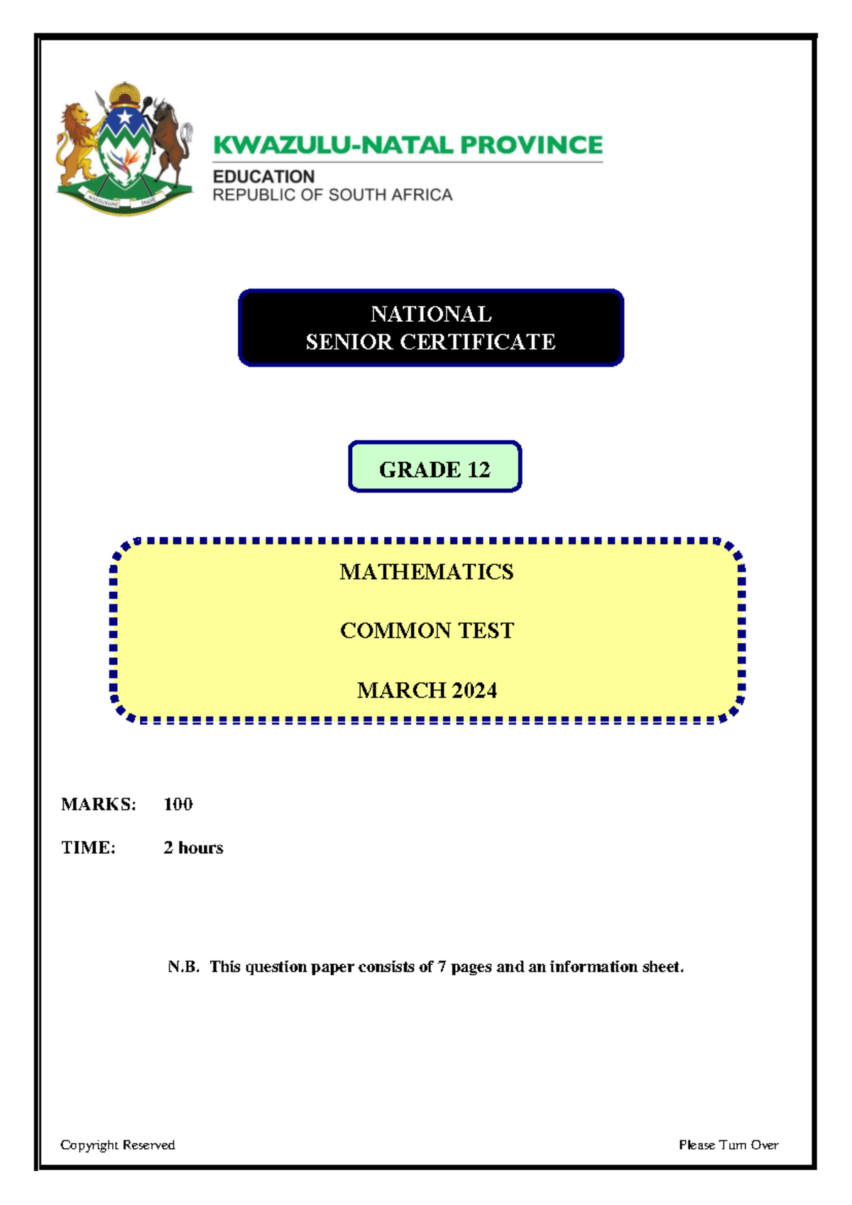 Verified Mathematics Grade 12 March 2024 Common Test - MARKS: 100 TIME ...
