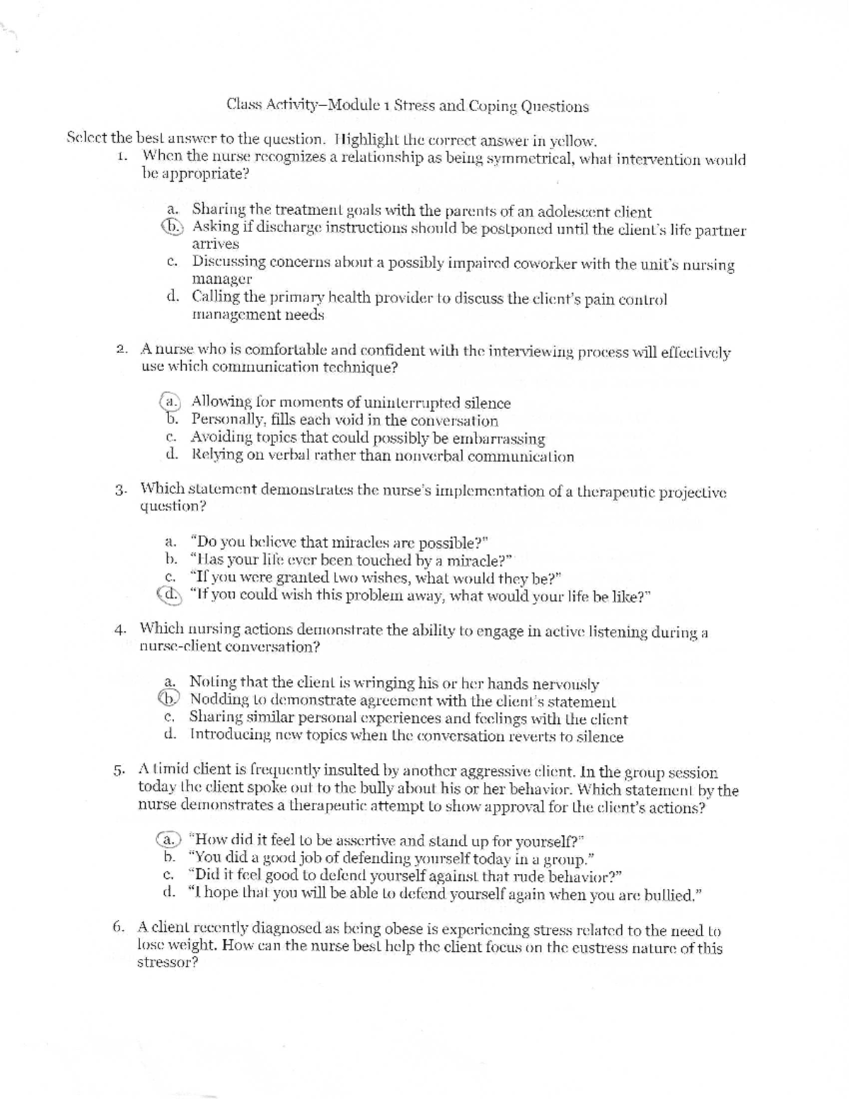 Module 1 Activity - Multiple Choice Questions on Stress and Coping ...