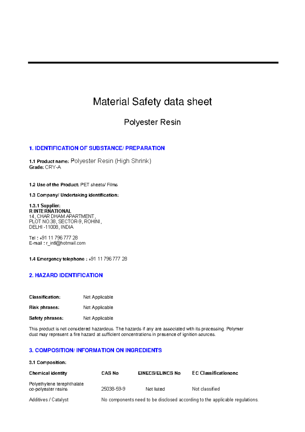 MSDS PE Resi n HIGH Shrink RI - Material Safety data sheet Polyester ...