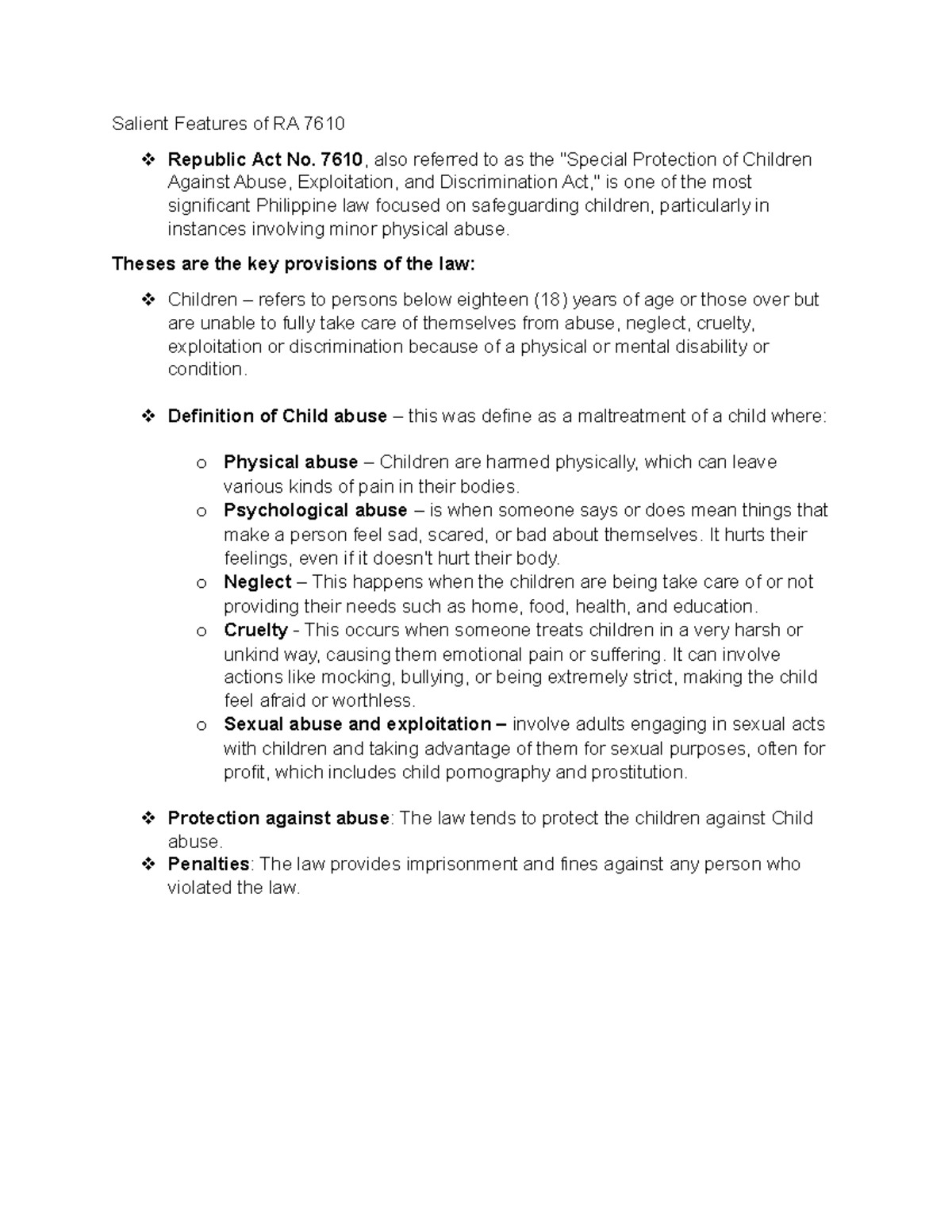 Salient Features of RA 7610 - Salient Features of RA 7610 Republic Act ...