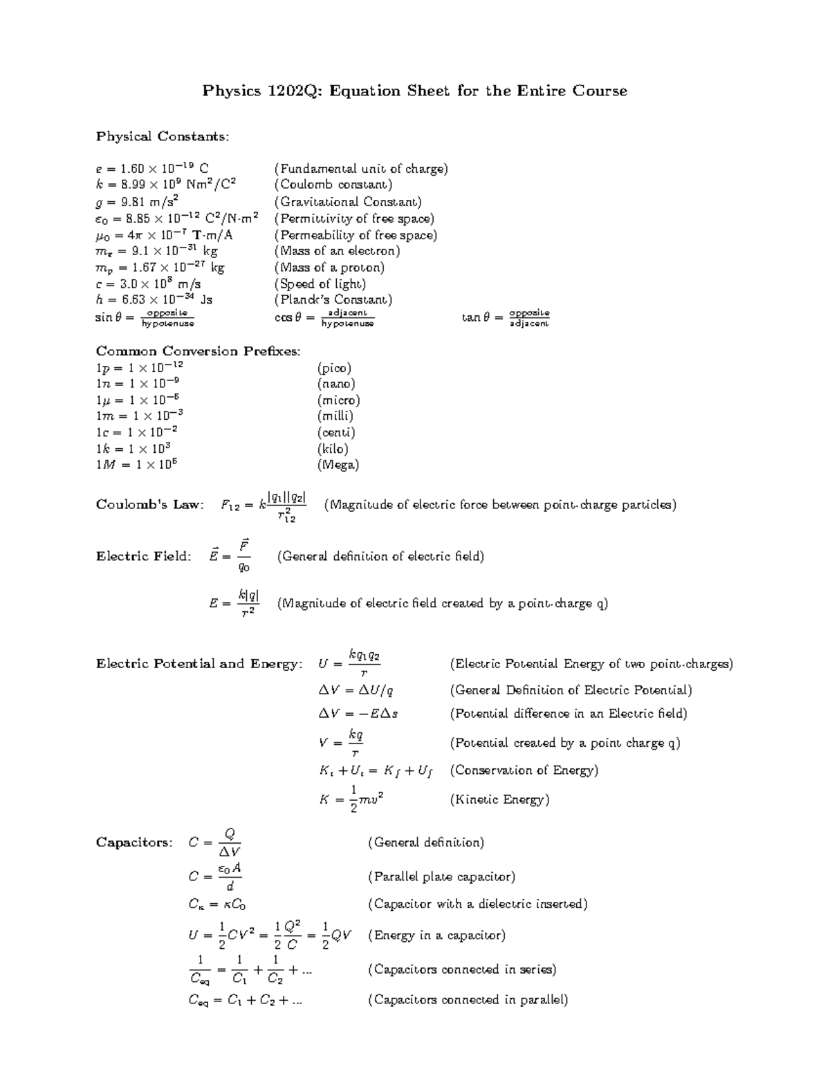 1202Q-Eq Sheet-Final Exam(11) - Physics 1202Q: Equation Sheet for the ...