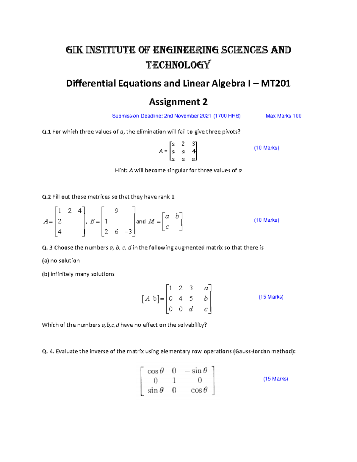 Assignment No 2 (MT201 Section C and D) - GIK InstItute of enGIneerInG ...