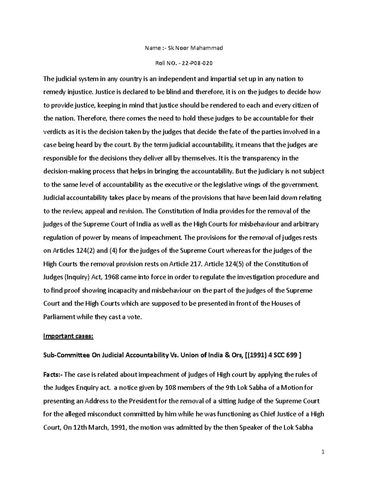 The judicial Accountability in the light of landmark judgement - Name ...