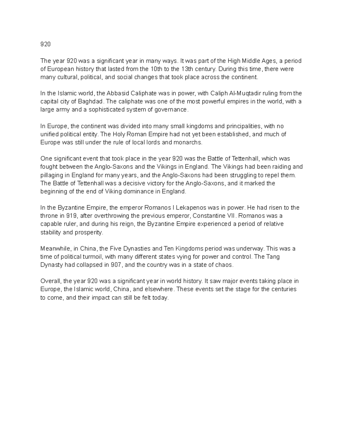 Untitled document (73) - 920 The year 920 was a significant year in ...