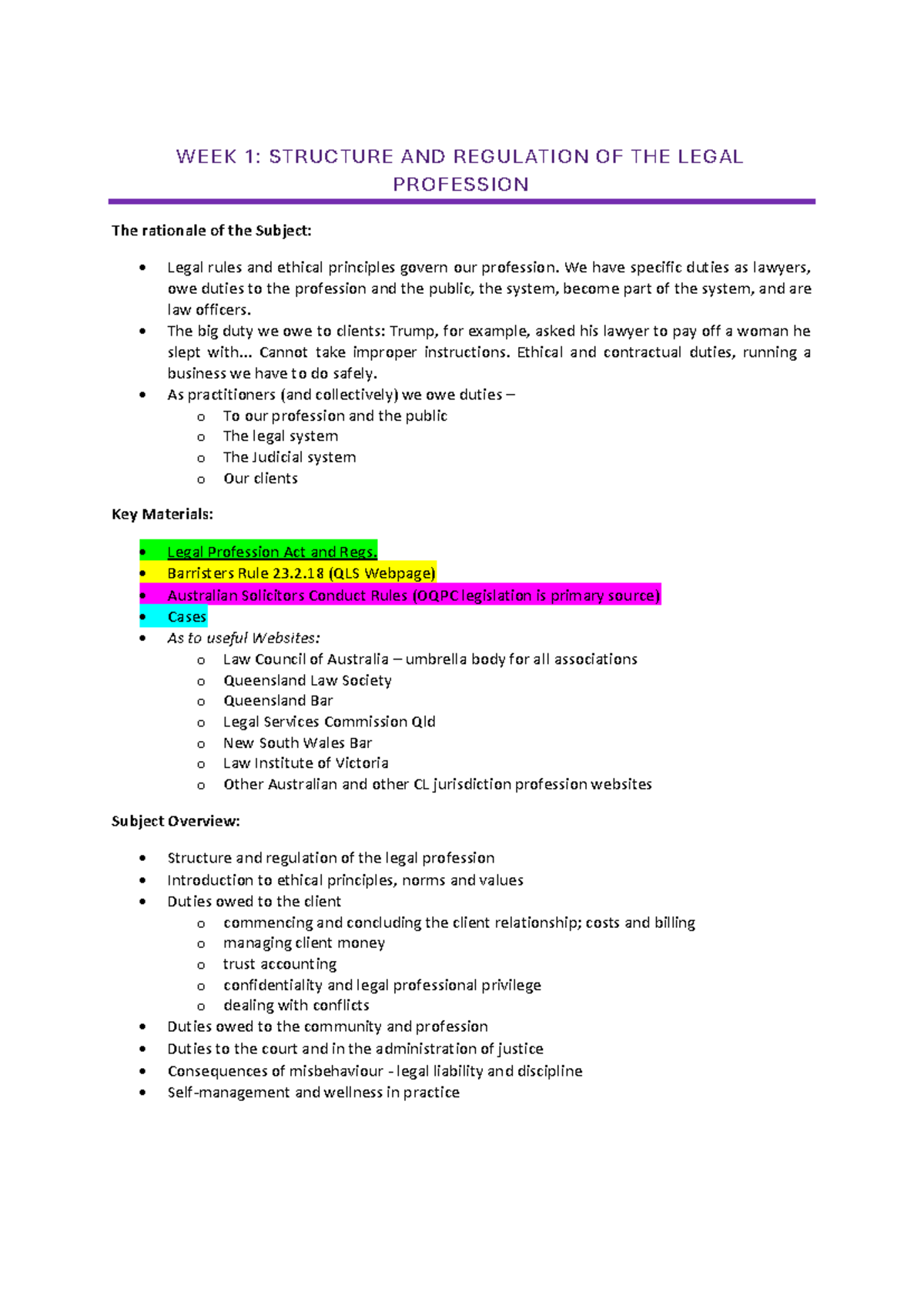 Legal Profession Notes - WEEK 1: STRUCTURE AND REGULATION OF THE LEGAL ...