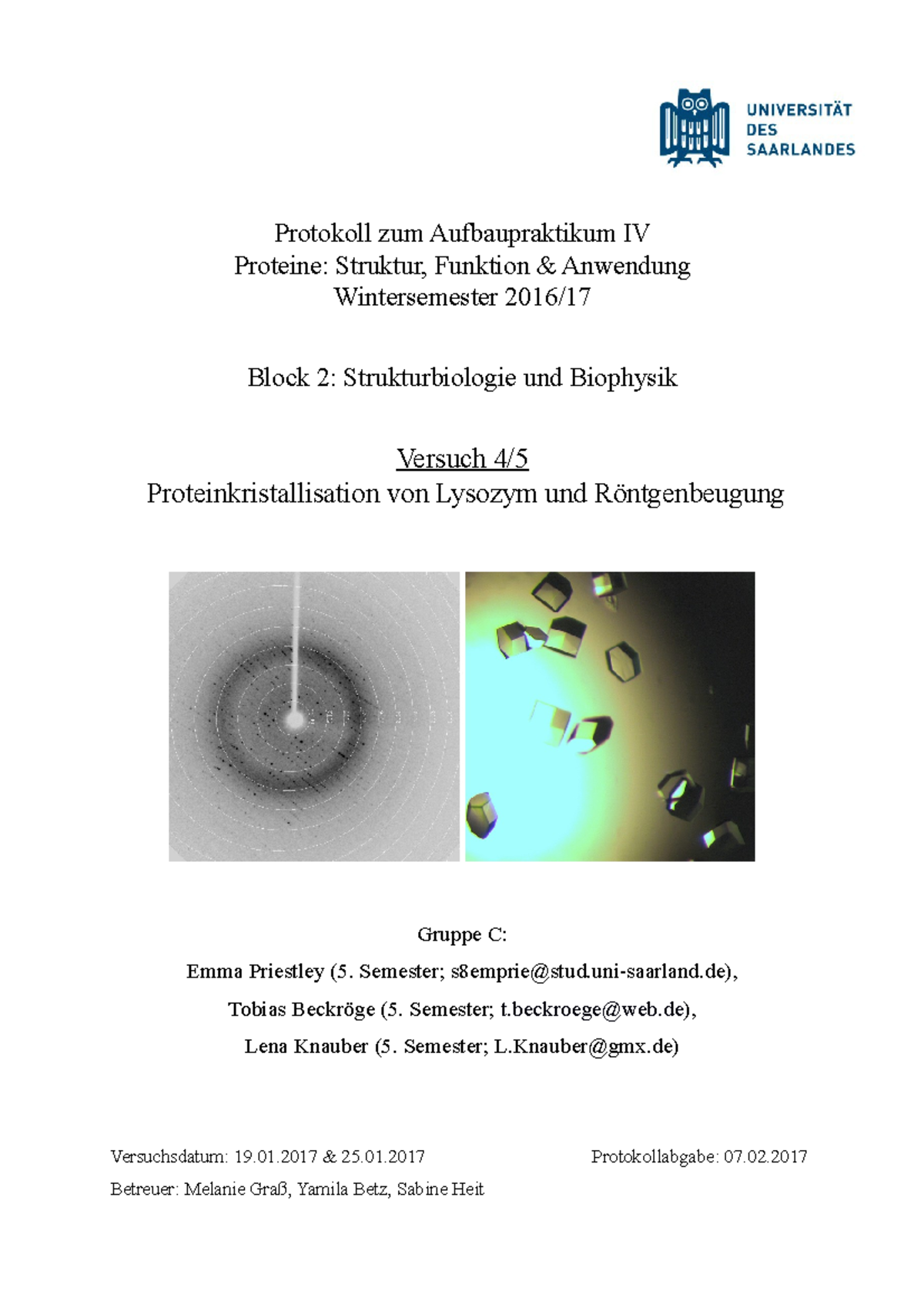 Protokoll V4 - Protokoll zum Aufbaupraktikum IV Proteine: Struktur ...