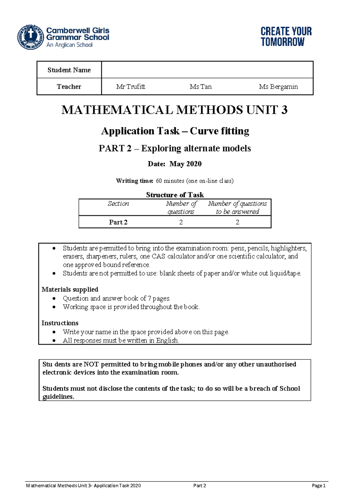 CGGS 2020 12MME SAC 1 - This is a methods sac. yay - MATHEMATICAL METHODS UNIT 3 Application ...