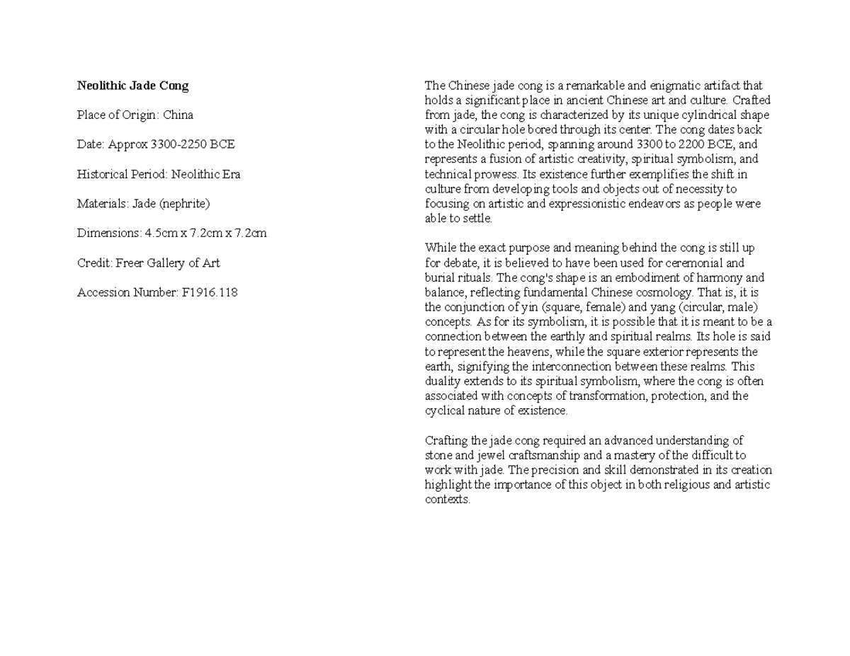 Cong Museum Label - Neolithic Jade Cong Place of Origin: China Date ...