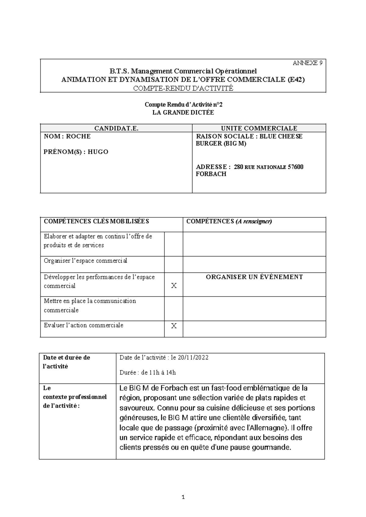 CRA E42 Modele - ####### ANNEXE 9 B.T. Management Commercial Opérationnel ANIMATION ET ...