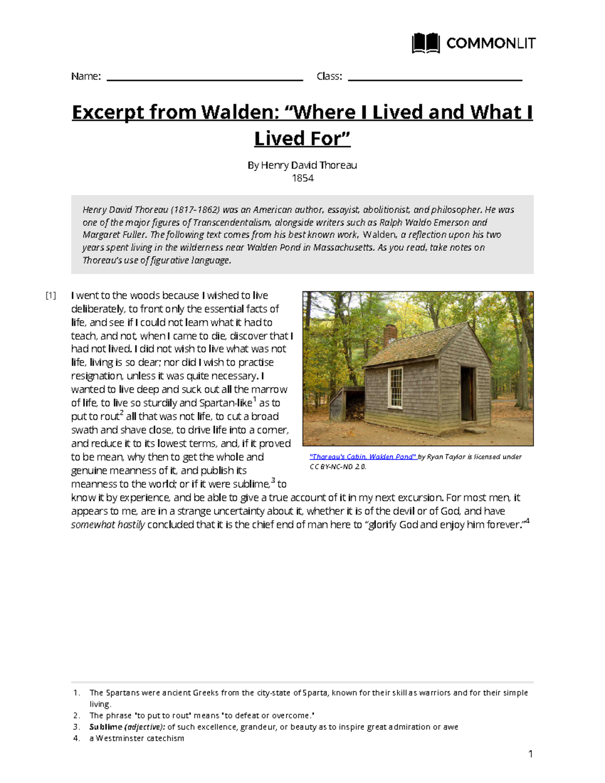 "Where I lived and what i lived for' Thoreau Excerpt - Name: Class ...