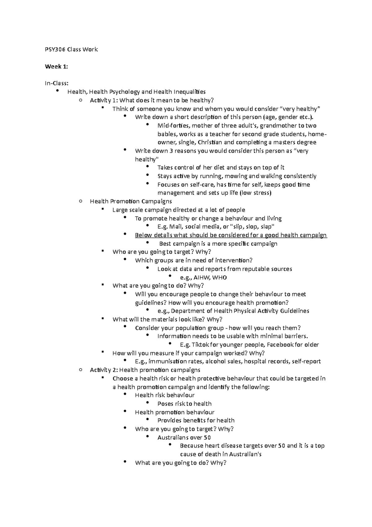 PSY306 Class Work - PSY306 Class Work Week 1: In-Class: Health, Health Psychology and Health ...