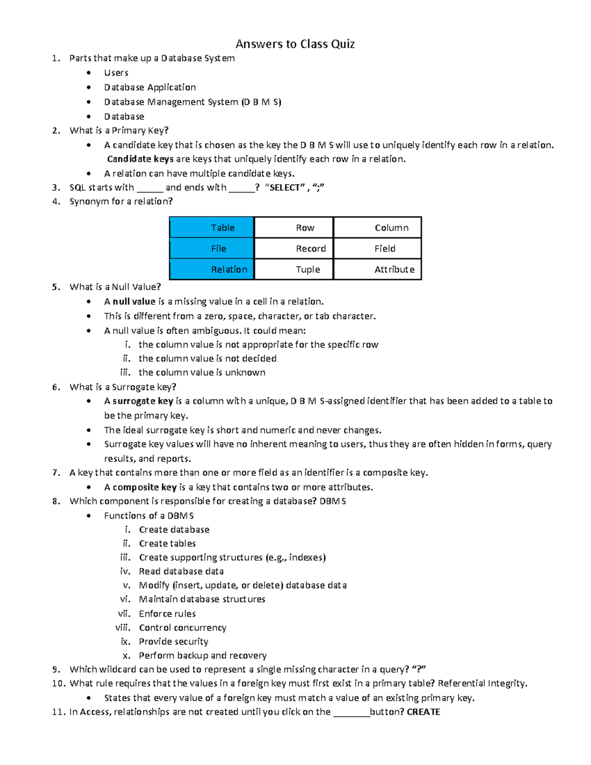 Class Quiz Answers 613 - Answers to Class Quiz Parts that make up a ...