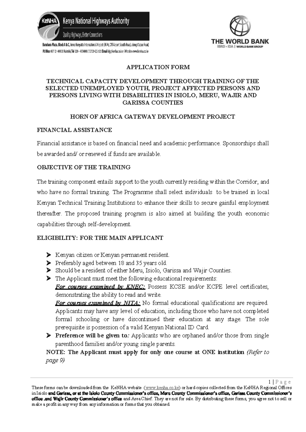 Kenha Application-Form-Vocational-Training -Ho AGDP-4 - 1 | P a g e ...