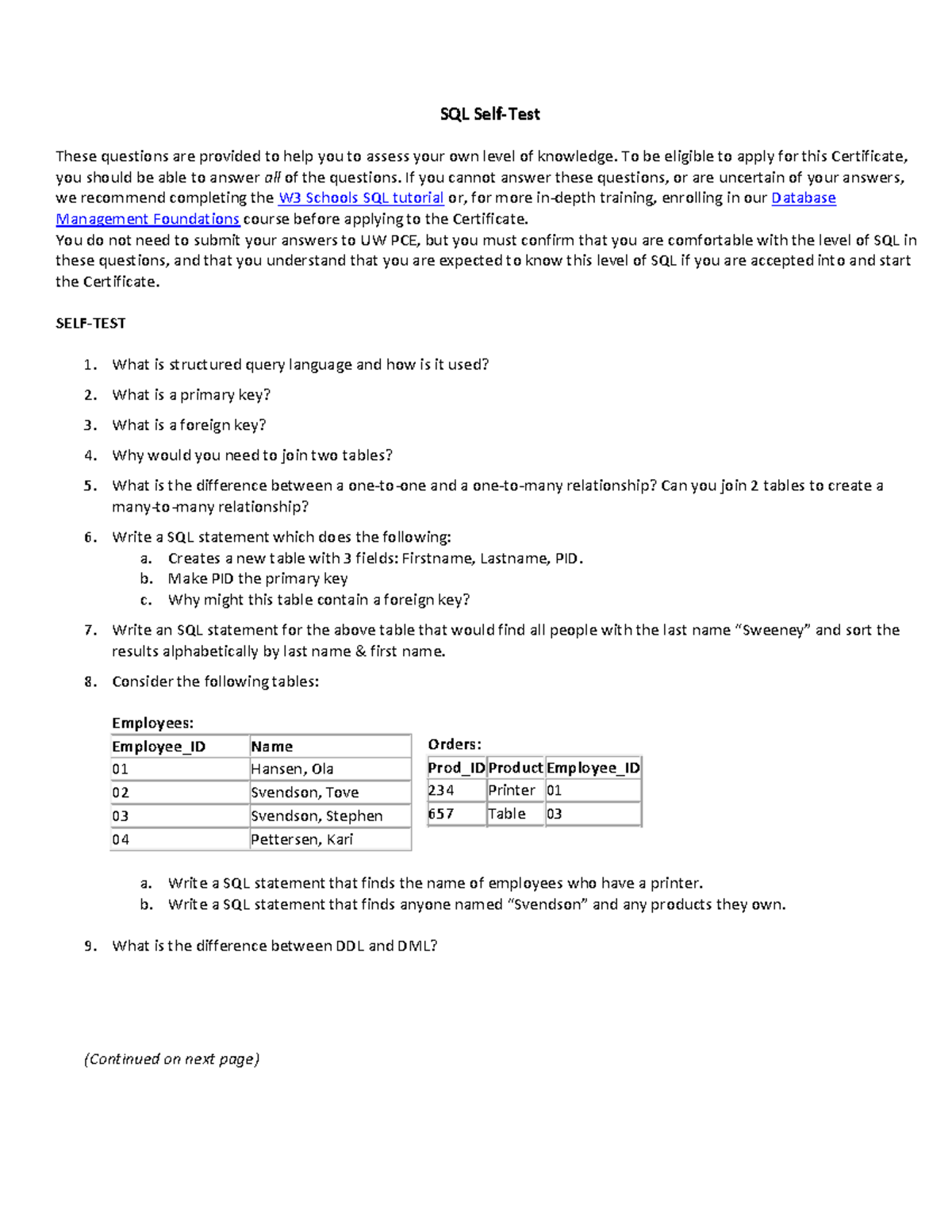 Sql self test 2015 business intelligence - SQL Self-Test These ...