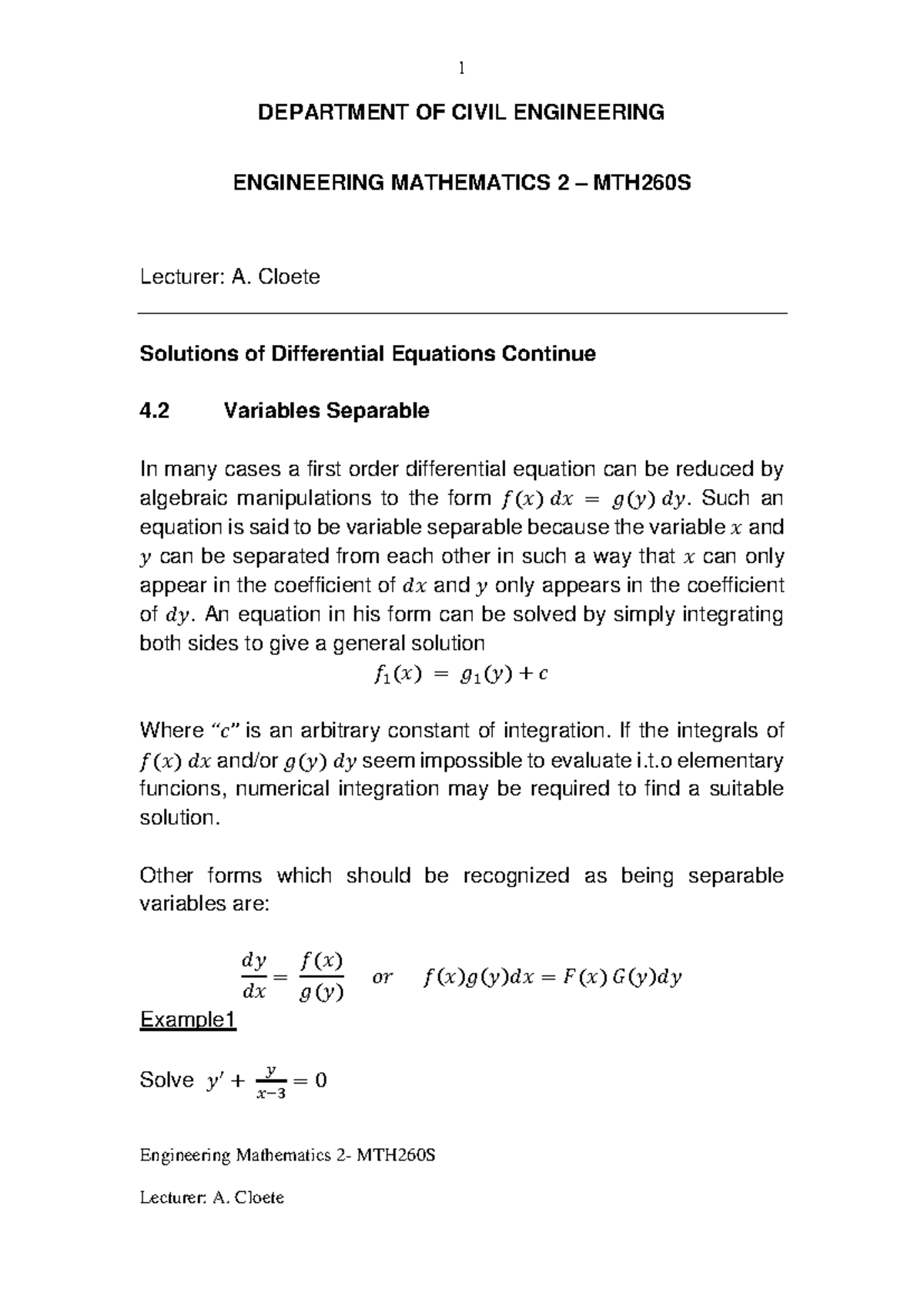 DE Notes- Variables Separable - Engineering Mathematics 2- MTH260S ...