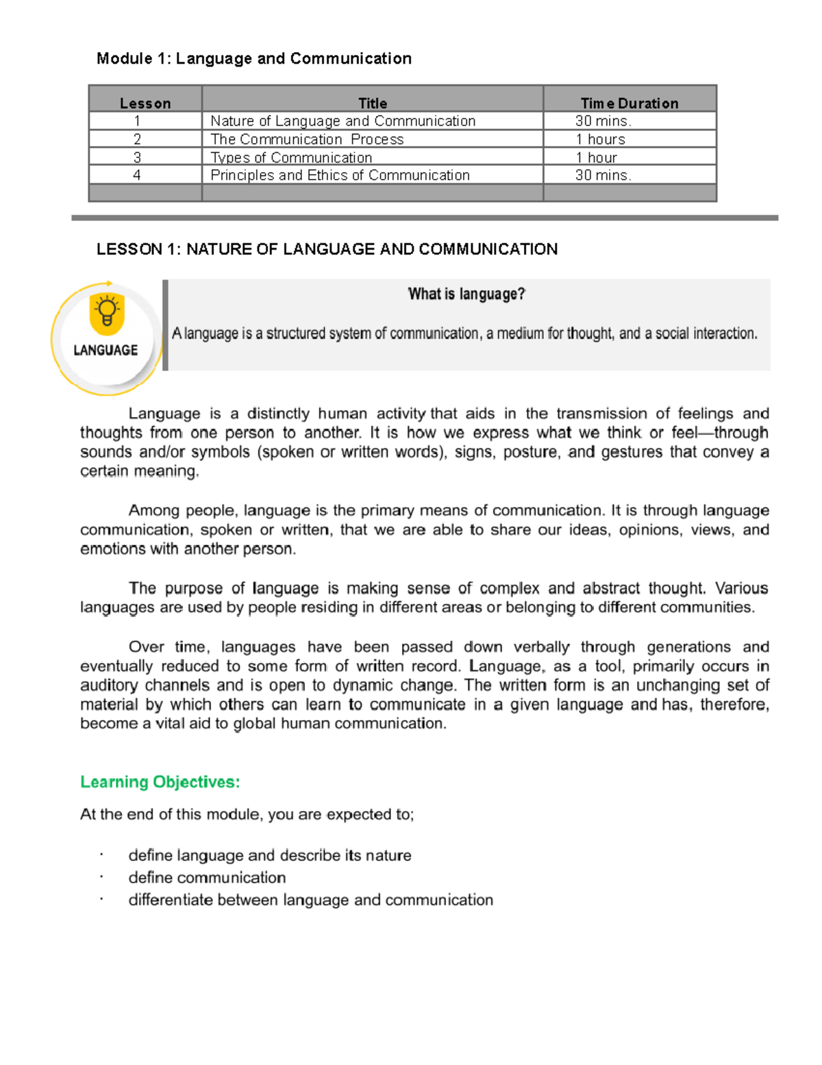 Purposive Communication- The Communication Proces - Module 1: Language and Communication Lesson ...