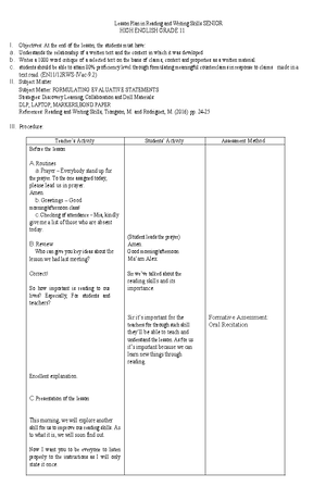 Detailed Lesson Plan in Reading and Writing Grade 11 - PERFORMANCE ...
