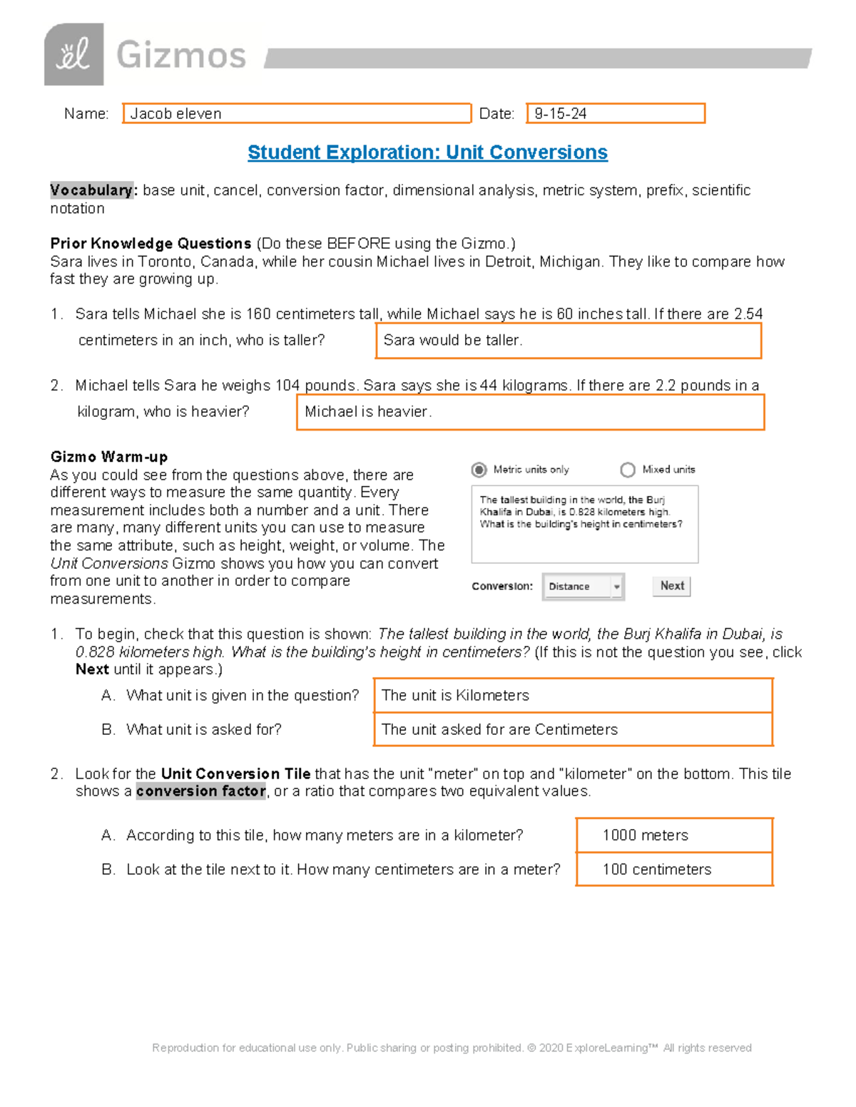 Unit Conversion 1.2SE copy - Name: Jacob eleven Date: 9-15- Student ...