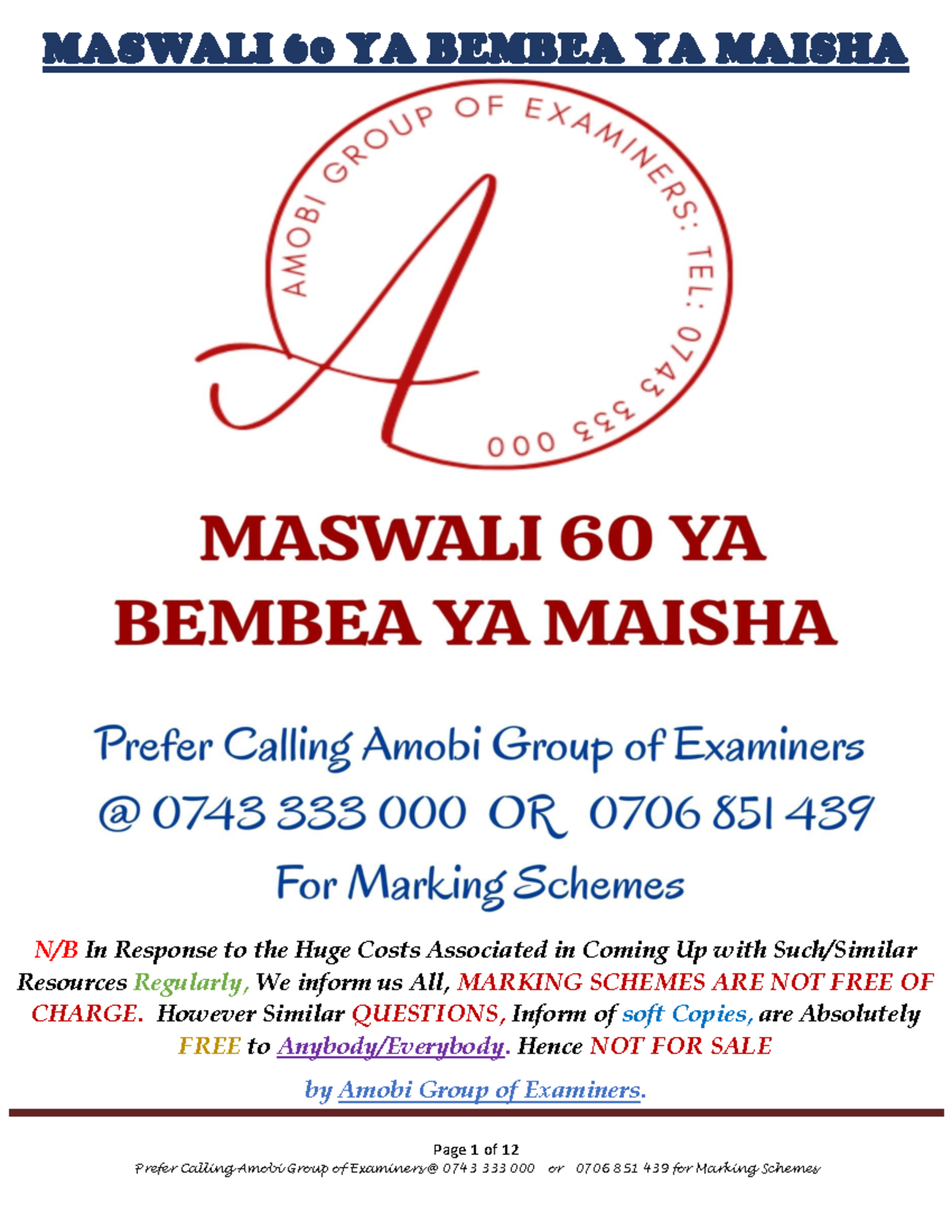 Bembea YA Maisha 60 Q - Work - Page 1 of 12 MASWALI 60 YA BEMBEA YA MAISHA N/B In Response to ...
