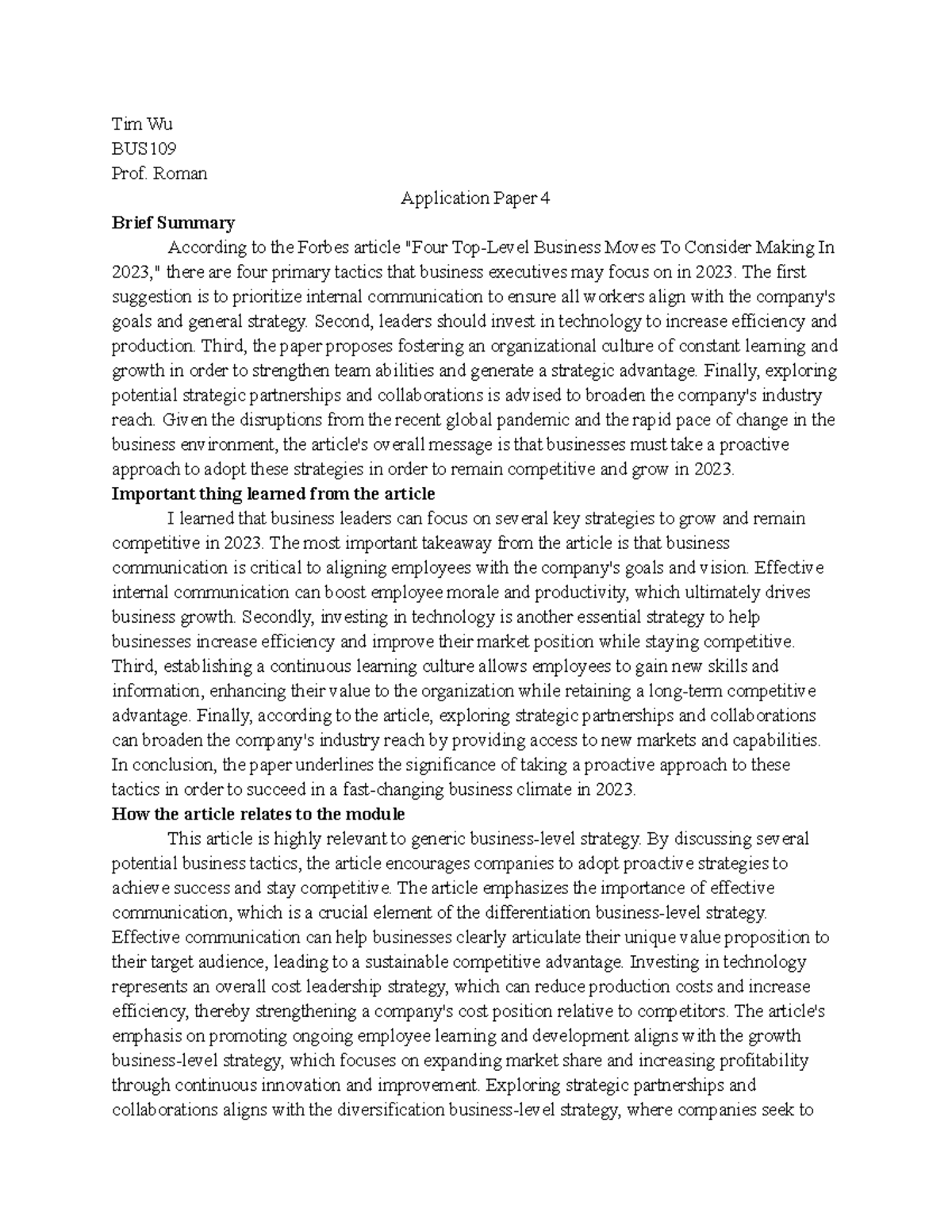 Application paper 4 - Tim Wu BUS Prof. Roman Application Paper 4 Brief ...