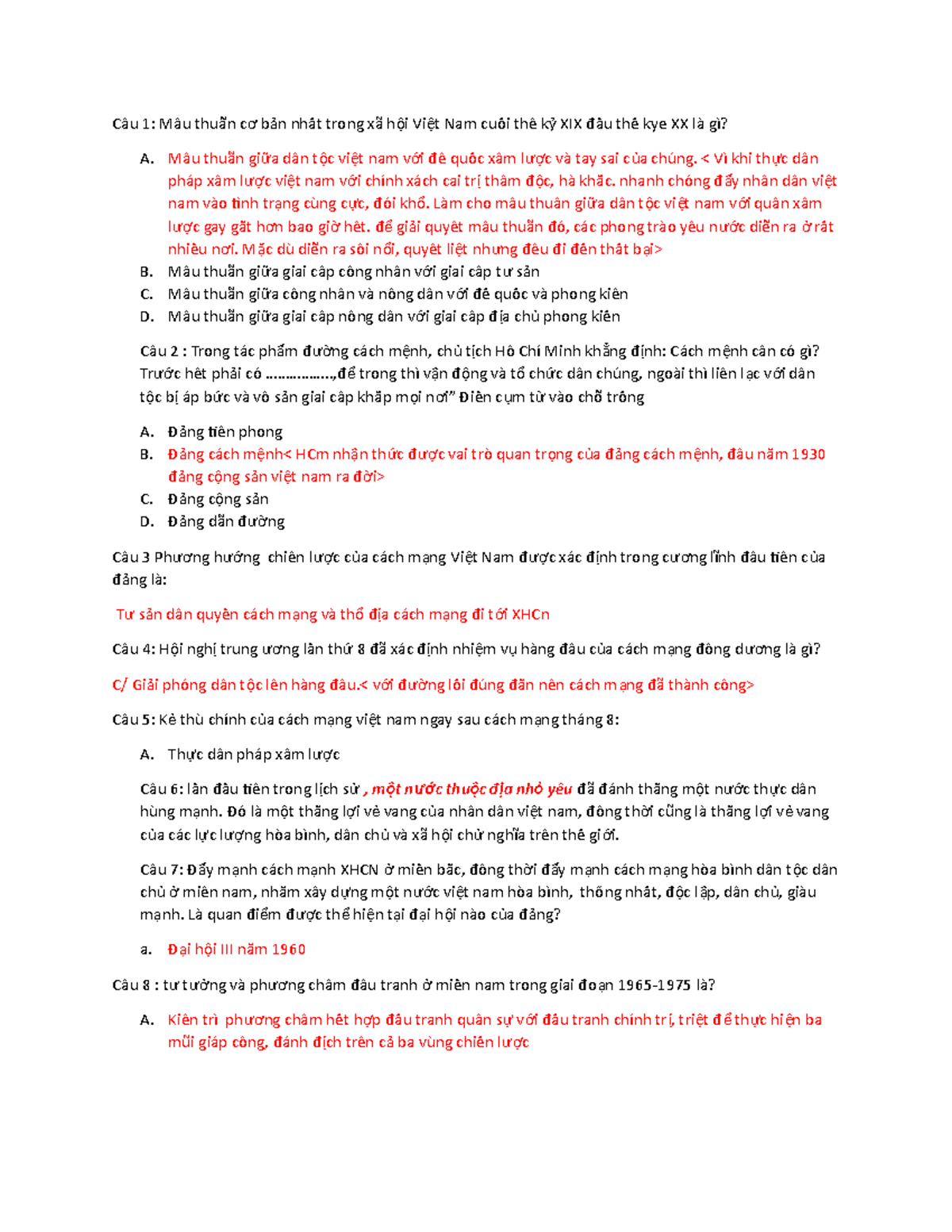LSĐ trắc nghiệm - Câu 1: Mâu thuâẫn c ơ b n nhâất trong xã h i Vi t Nam cuốấi thếấ kả ộ ệ ỷXIX ...