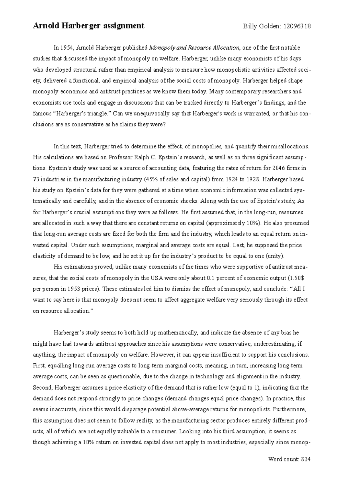 Arnold Harberger assignment - Harberger, unlike many economists of his ...