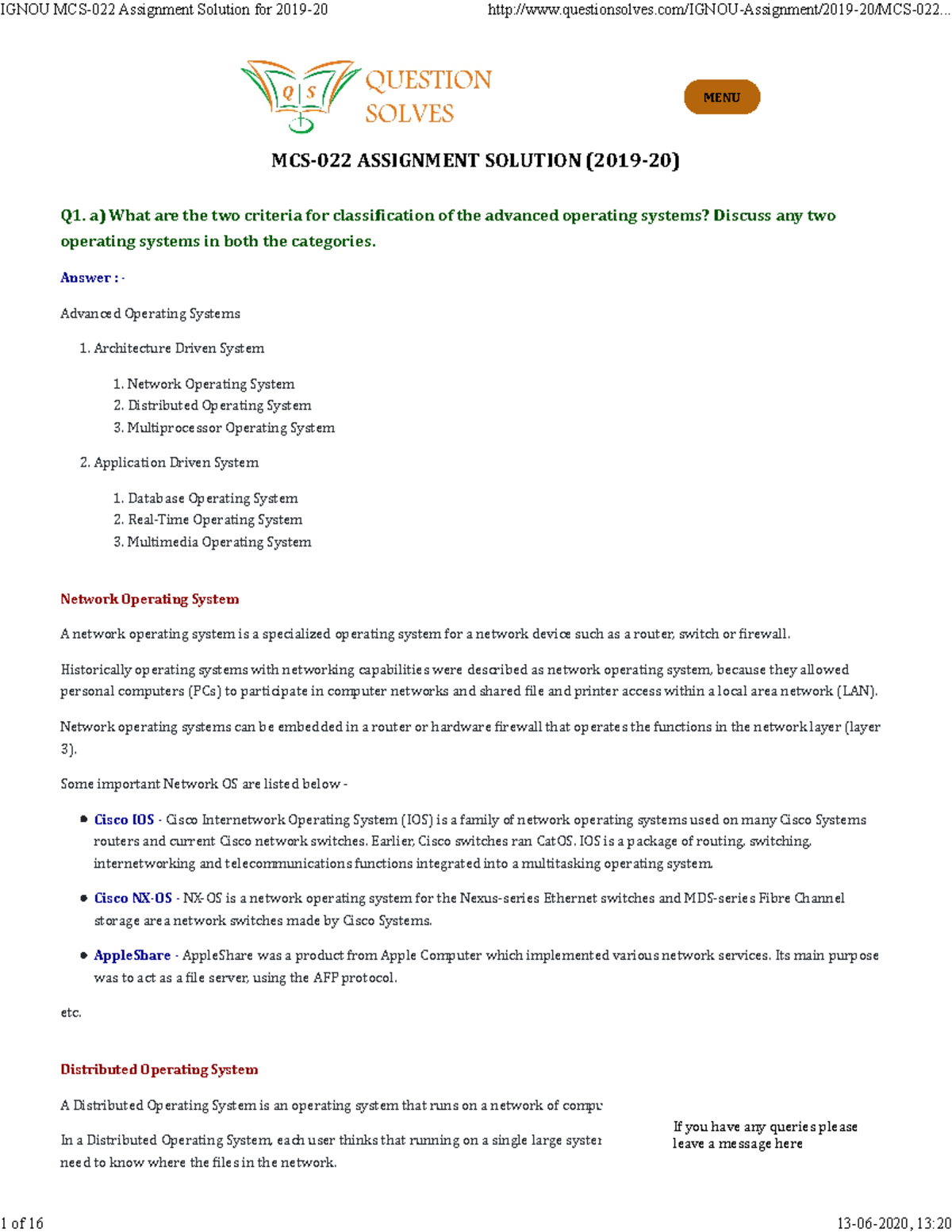 Mcs 22 - O.S - MCS-022 ASSIGNMENT SOLUTION (2019-20) Q1. a) What are ...