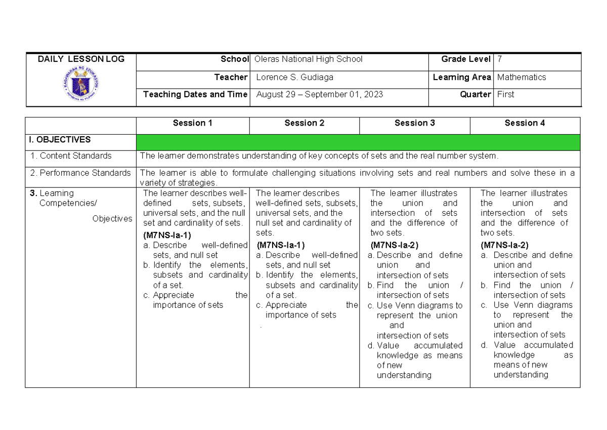 WEEK 1 - MEMO AND DAILY LESSON LOG - DAILY LESSON LOG School Oleras ...