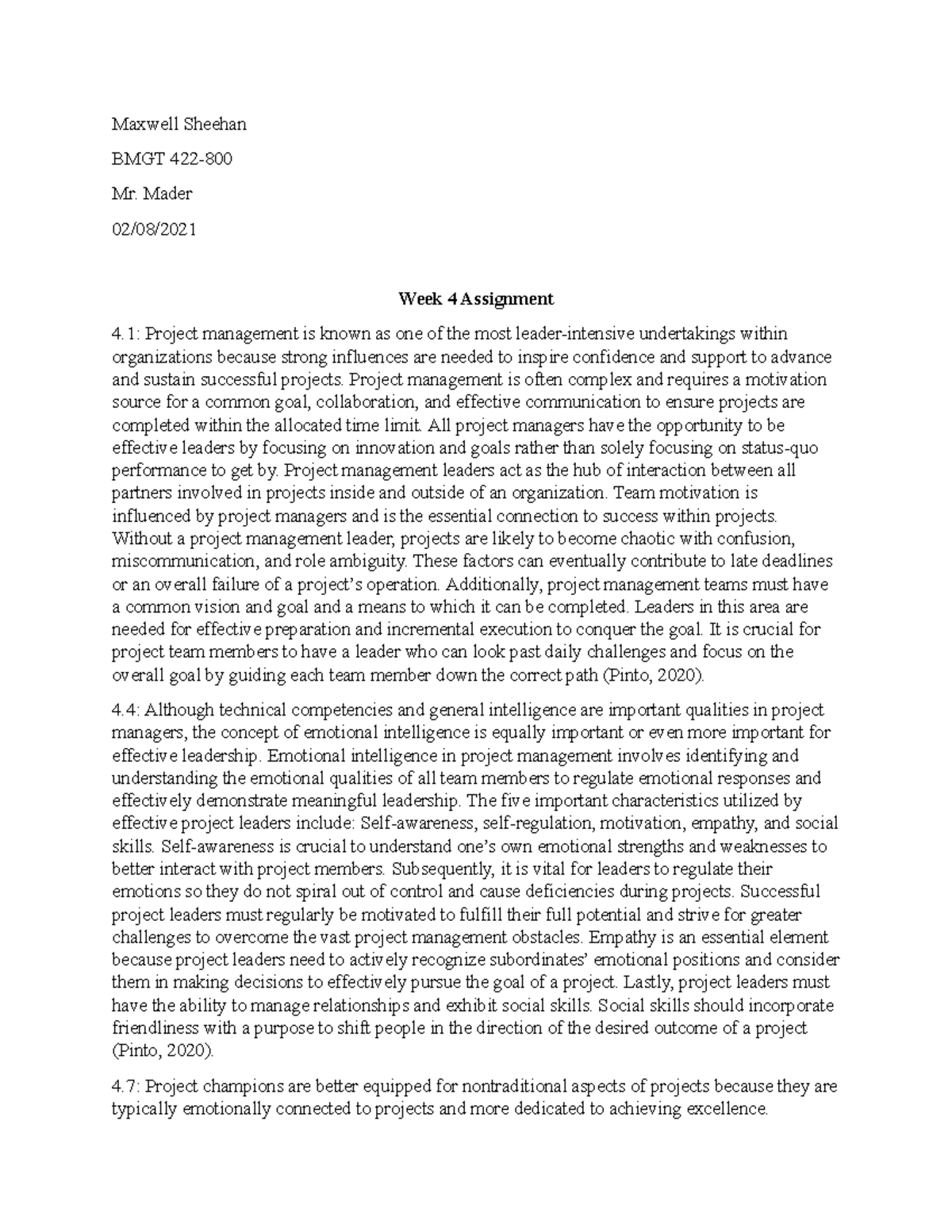 2021 – BMGT 422 Project Management - Week 4 Assignment - Maxwell ...