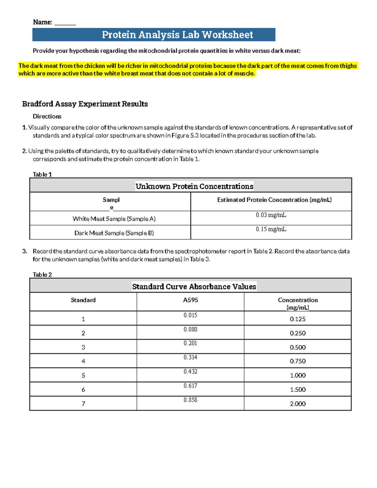 Protein Analysis - Name: Protein Analysis Lab Worksheet Provide your ...