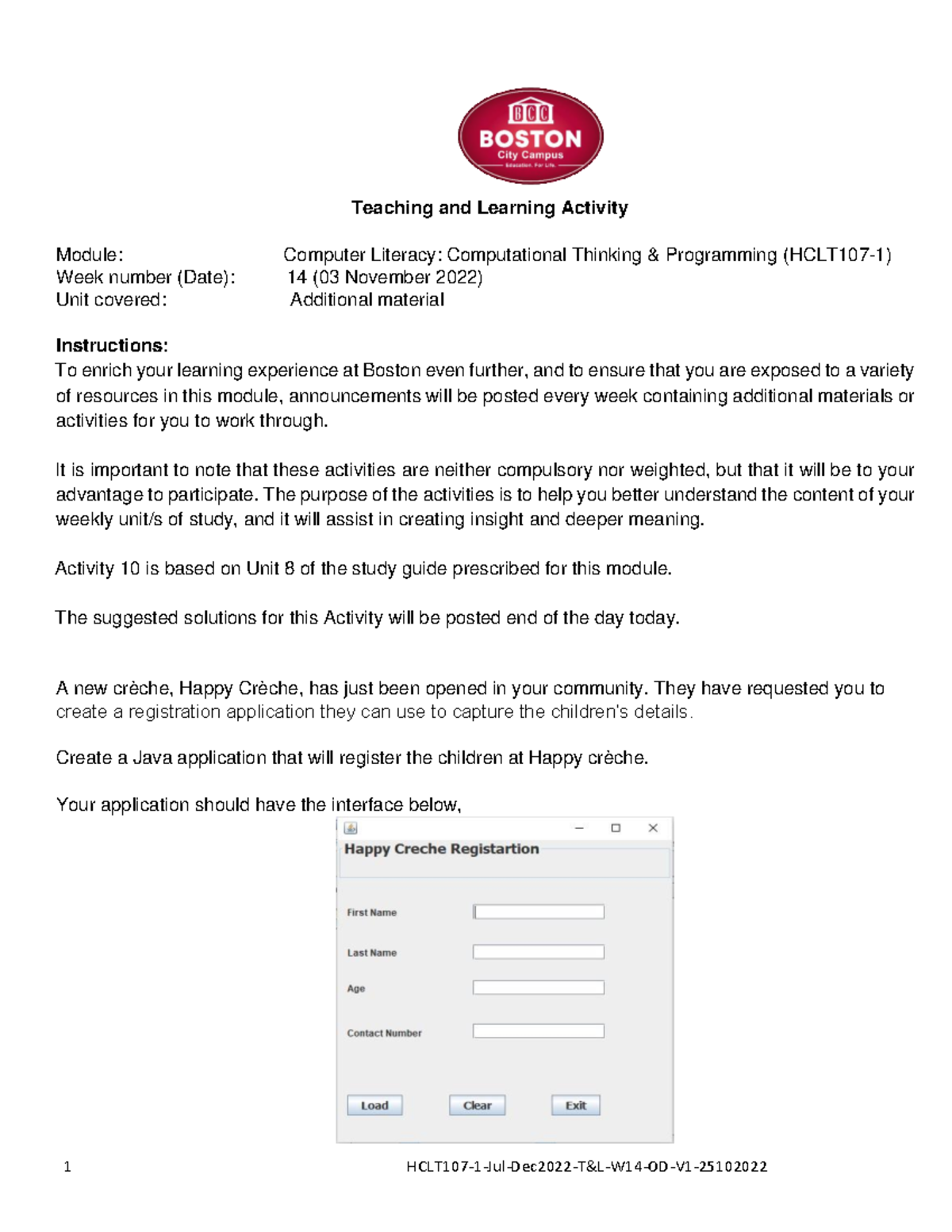 Additional activity - 1 HCLT107-1-Jul-Dec2022-T&L-W14-OD-V1- Teaching ...