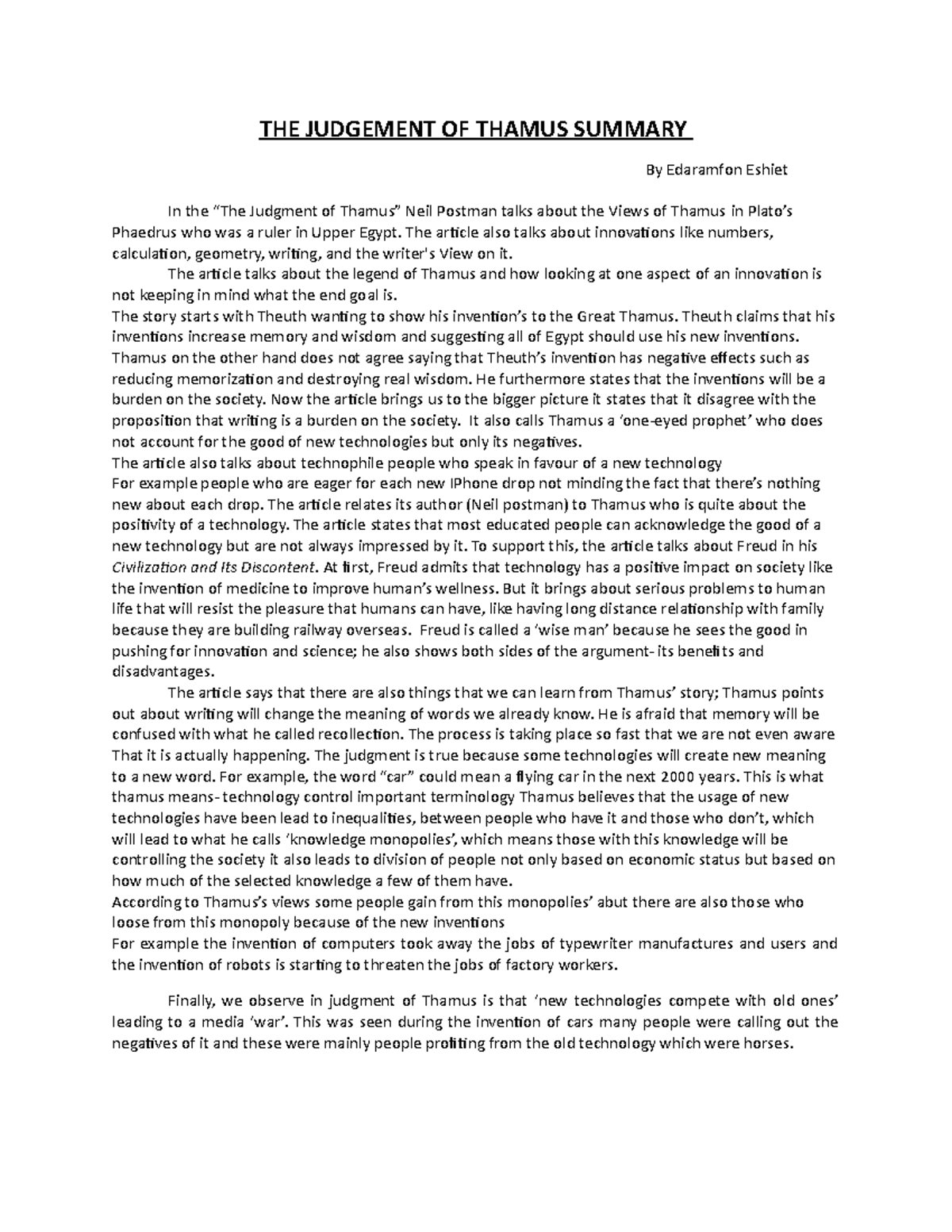 Judgment of thamus summary assigment - THE JUDGEMENT OF THAMUS SUMMARY ...