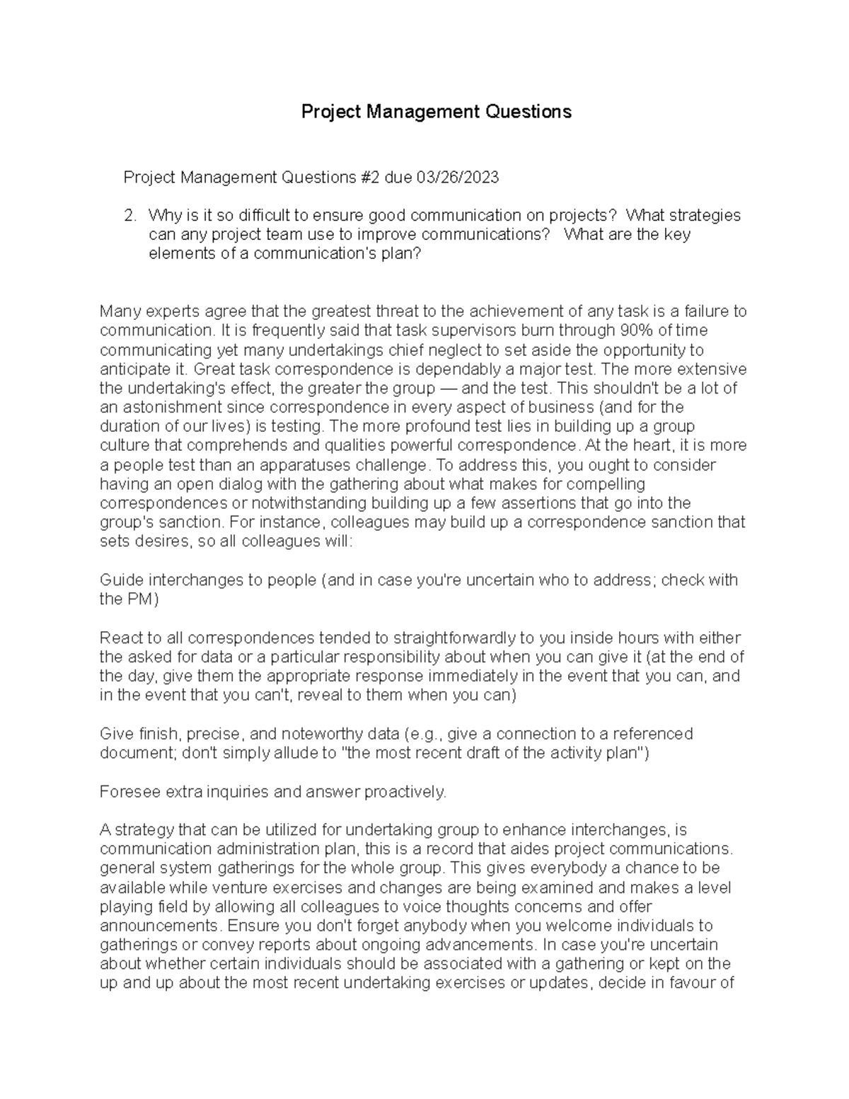 Project Management Questions #2 Spring 2023 - Project Management ...