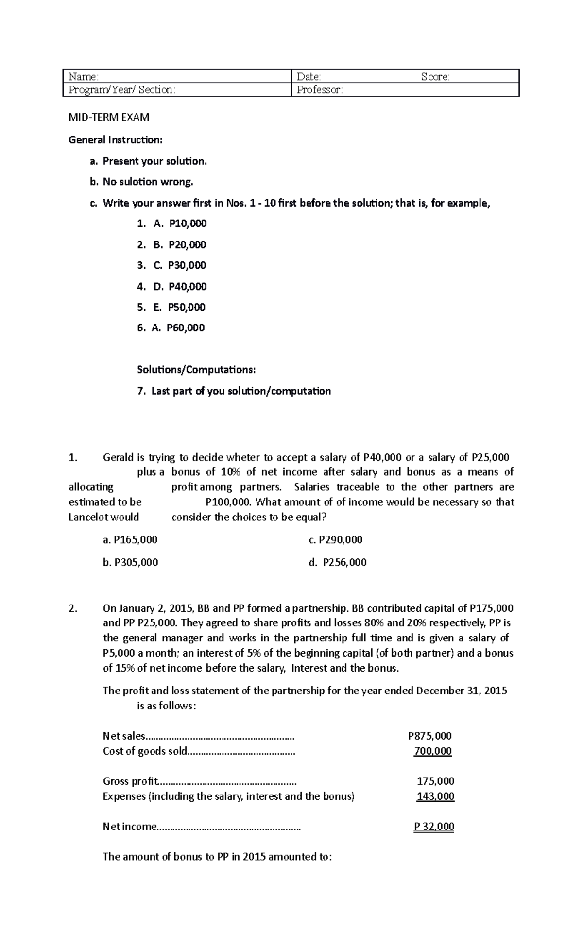 MID TERM EXAM SET B 2021 2022 - Name: Date: Score: Program/Year ...